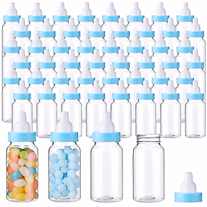 48 Pcs 4.5 Inch Baby Bottle Shower Favor Mini Plastic Candy Bottle Baby Shower Bottles Fillable Feeding Bottle Candy Box for Party Boy Girl Birthday Newborn Baby Baptism with Removable Blue Tops