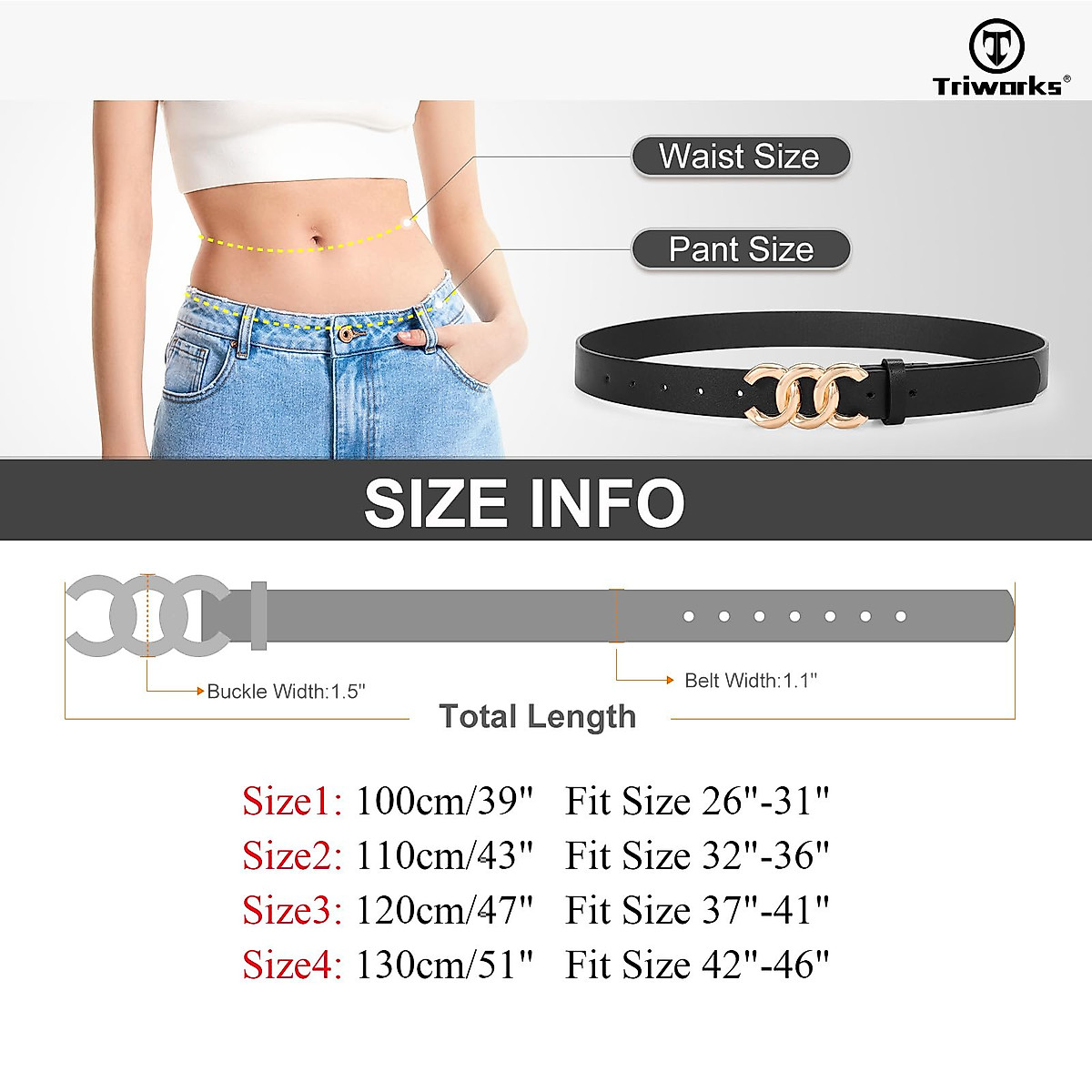 TRIWORKS 3 Pack Women's Belts for Jeans Pants Fashion Waist Belts for Ladies Leather Belt with Gold Buckle