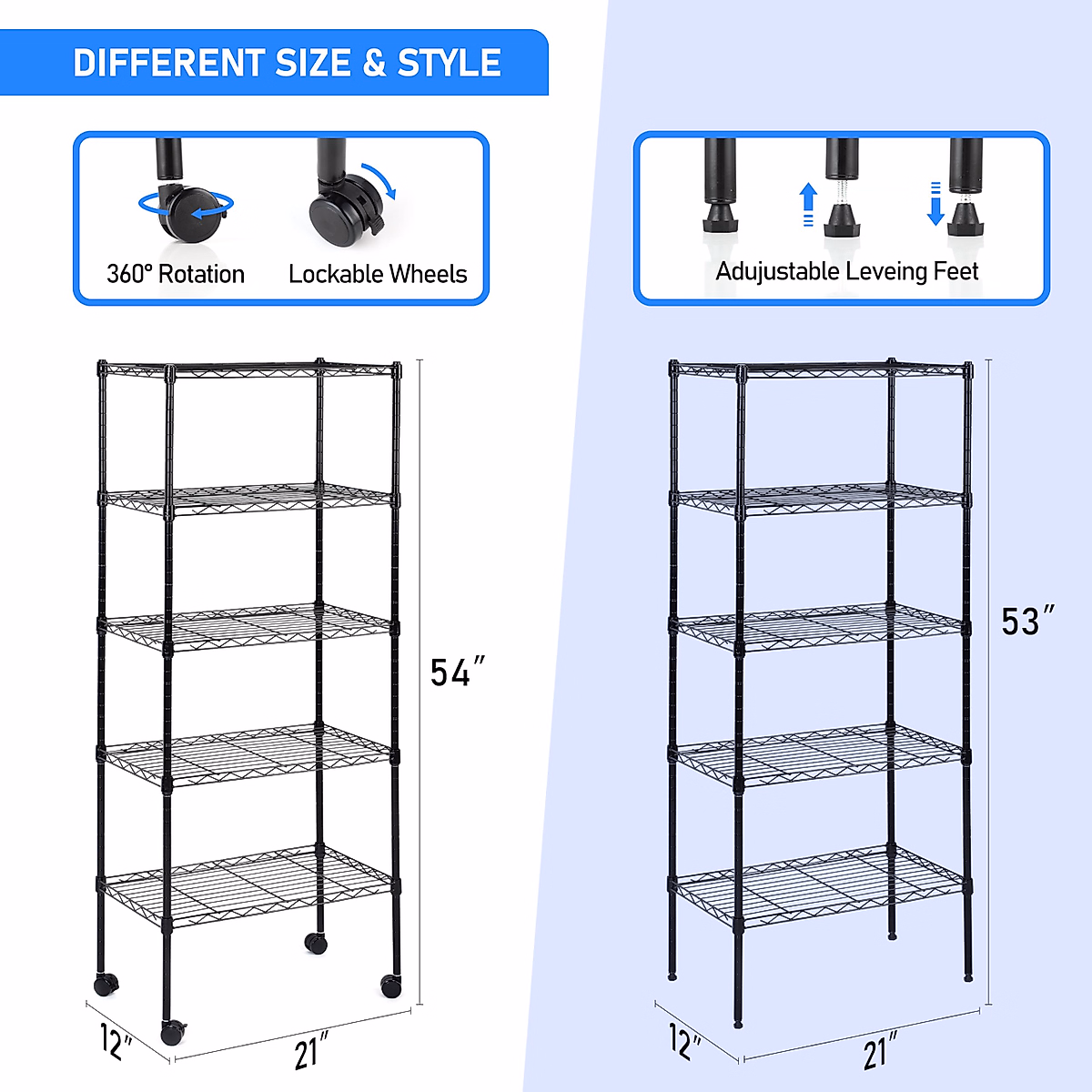 HealSmart Heavy Duty 5-Tier Storage Shelving Unit, 21" W x 12" D x 54" H Wire Metal Stackable Storage, Chrome