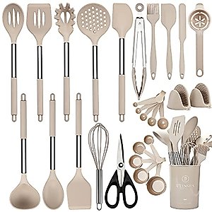 NCUE Cooking Utensils Set, 28 Pcs Silicone Kitchen Utensils Set with Holder, Silicone Whisk, Spatulas, Scissors, Measuring Cups and Spoons Set with Stainless Steel Handle Kitchen Gadgets (Khaki)