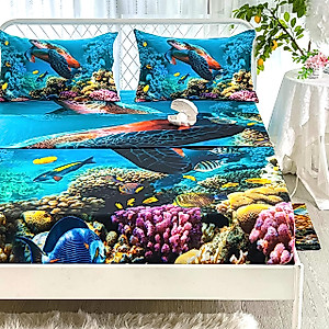 CVHOUSE Sea Turtle Fitted Sheet,Ocean Bed Sheet Set Twin Size,Turtle Bedding Set for Boys Kids Girls,1 Flat Sheet & 1 Fitted Sheet with 2 Pillow Cases - 4 Piece