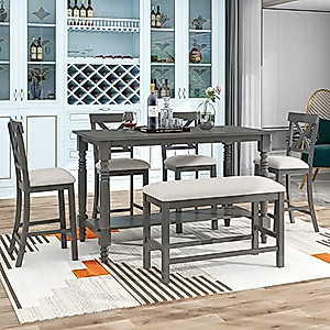 Merax 6-Piece Wooden Counter Height Rectangular Table Set with Bottom Shelf, 4 Chairs, and Padded Bench for Dining Room, Gray(Update)