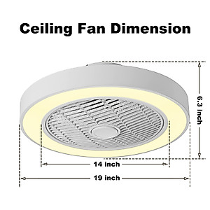 Jinweite Ceiling Fan with Light, 19 inches LED Remote Control Fully Dimmable Lighting Modes Invisible Acrylic Blades Metal Shell Semi Flush Mount Low Profile Fan,White