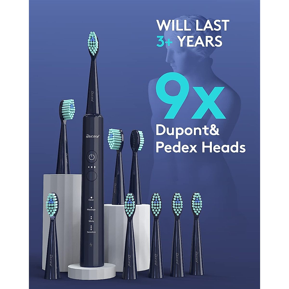 Ducard V7 Pro Electric Toothbrush for Adults- Rechargeable Toothbrush 12 Modes & 9 Brush Heads - 3 Hr Charge Last 60 Days Ultra Sonic Toothbrush for Adults (Navy Blue), (DY-152)