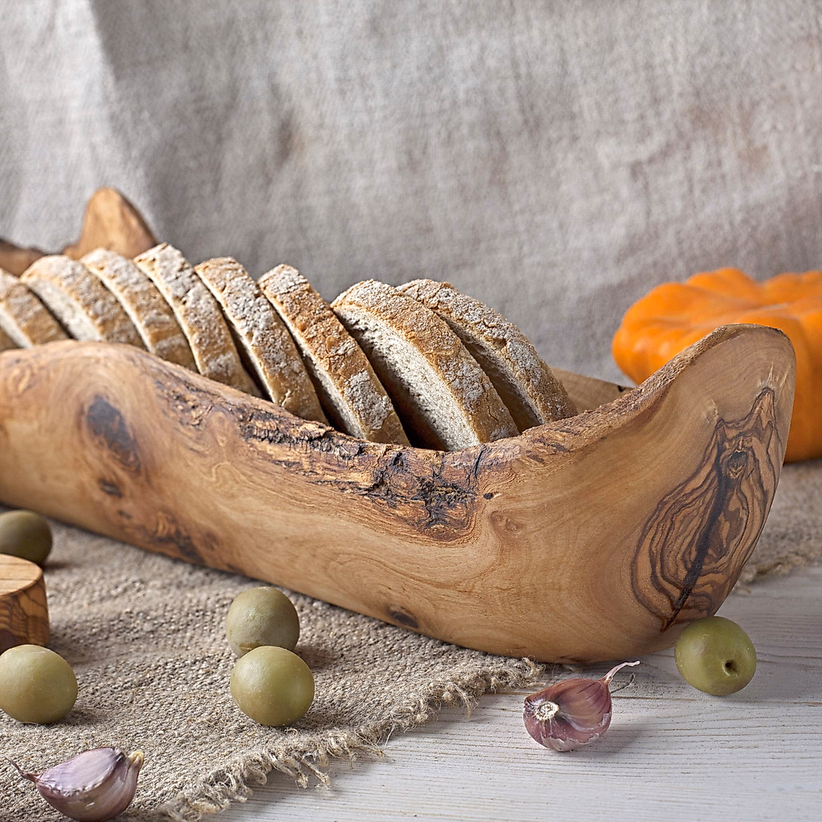 Forest Decor Olive Wood Decorative Bowls - 16" Long Natural Hand Carved Bread Bowl - Rustic Kitchen Decor for Serving Salad, Snack - Wood Farmhouse Fruit Bowl - Dining Dough Bowls Centerpieces