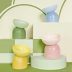 MS!MAKE SURE Cat Bowl, Elevated/Raised Ceramic Cat Food Bowl, Protects Spine, Relieves Whisker Fatigue, Superb Anti-Bacterial, Perfect for Indoor Cats (Green)