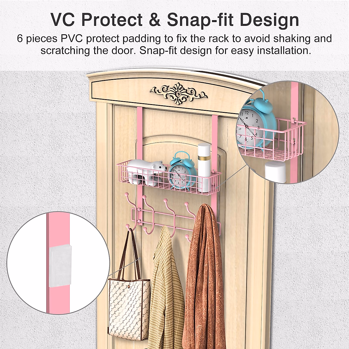 MILIJIA Over The Door Hooks with 5 Hooks & Mesh Baskets, Rustproof & Waterproof Coat Hanger, Detachable Storage Coat Rack for Towels, Hats, Handbags, Coats, Closet (Pink)