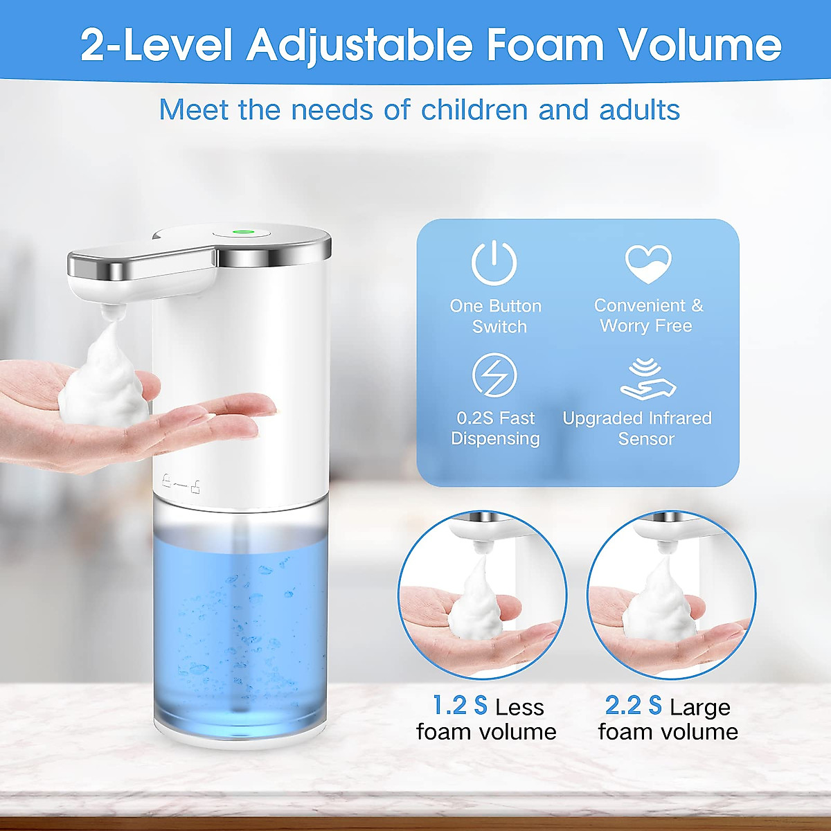 WSONVO Touchless Automatic Foam Soap Dispenser - Adjustable Foam Levels, Infrared Sensor, for Bathroom, Kitchen, Office, Hotel - 9.5oz/280ml