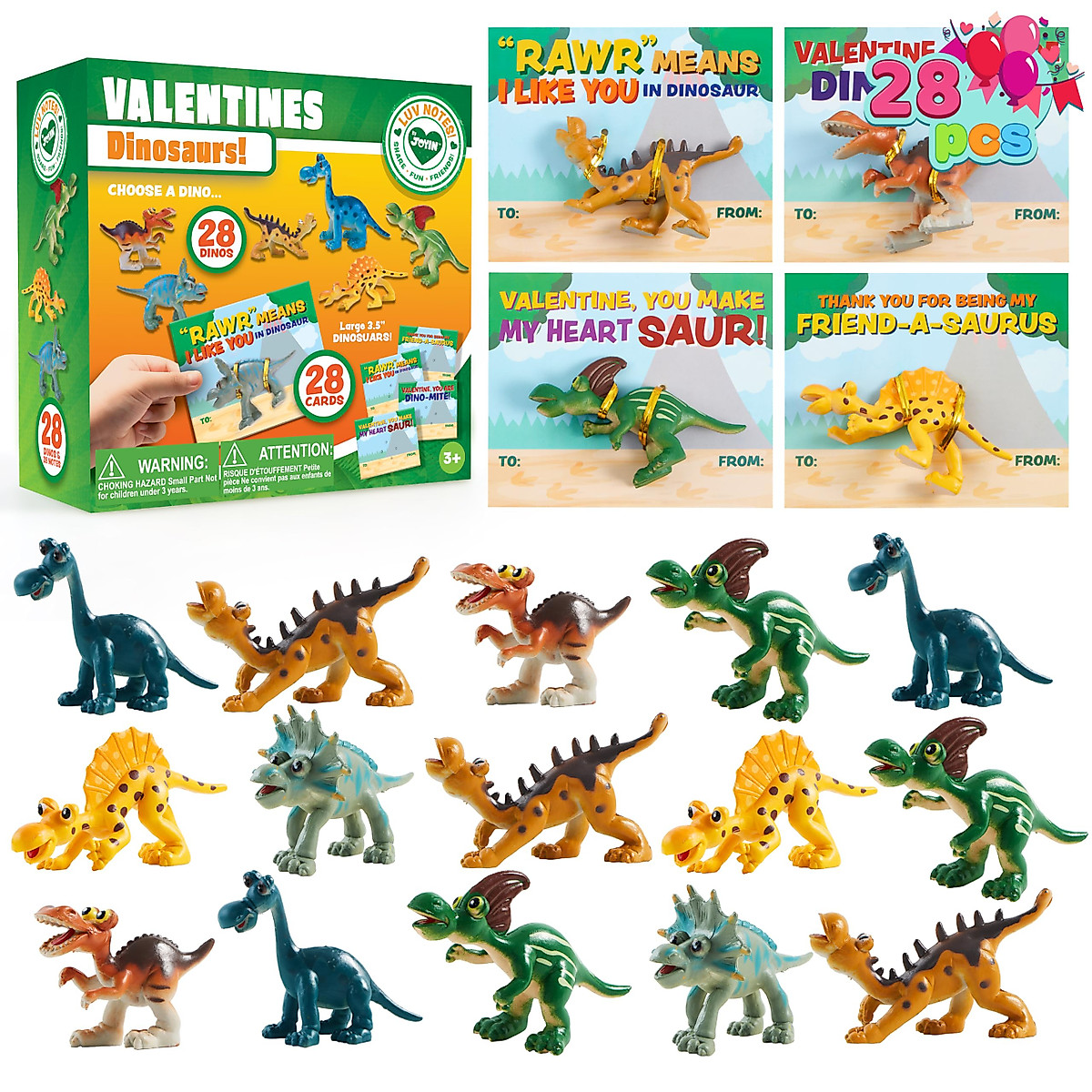 JOYIN 28 PCS Valentines Day Gifts Cards with Dinosaur Figure Toys for kids, Valentine's Greeting Cards for kids classroom gifts, Classroom Exchange Prizes for Boys Girls Classroom Party Favor