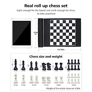 COBER Chess and Piece Set, Genuine Leather Roll-Up Travel Game for Adults and Kids，Camping Games, Gift for Outdoor Enthusiasts, Size: 9.8''x1.7'' Lightweight and Portable
