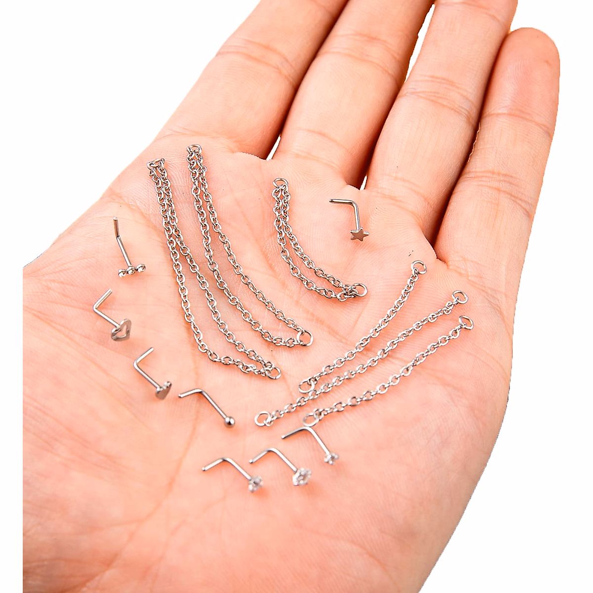 Masedy 20G Stainless Steel Nose Ring Stud Nose Ring Chain Piercing Across Double Nose Stud Heart Ball CZ Nose Studs Nostril Piercing Jewelry SL