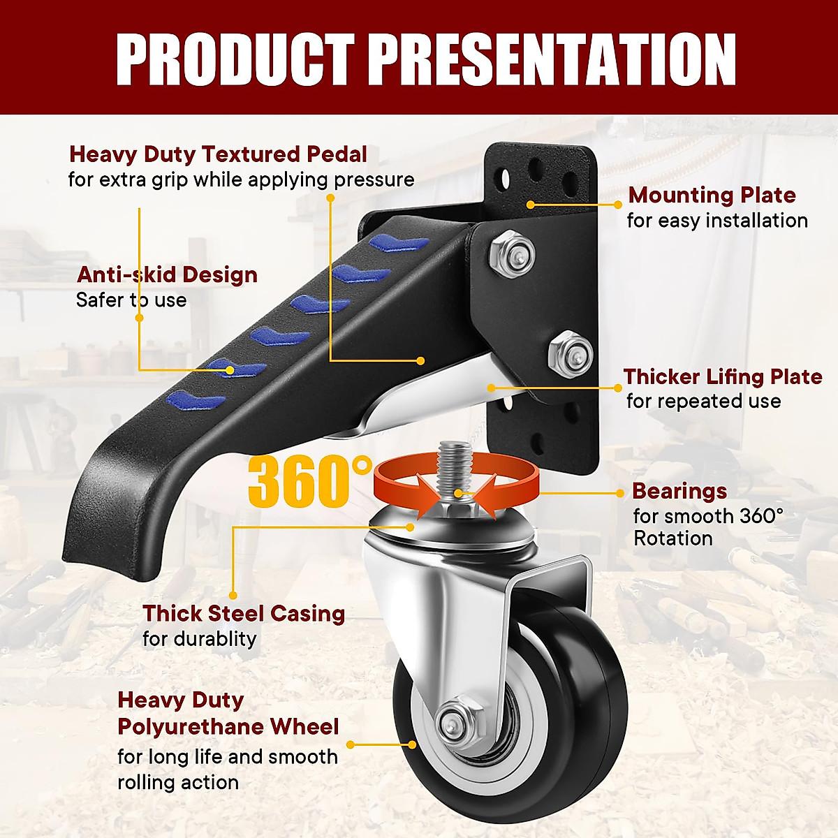 SPACECARE Workbench Casters Retractable Casters Kit 600Lbs, Retractable Casters Heavy Duty Bench Caster Wheels Workbenches Tables and Equipments, Stepdown Casters 4 Pack