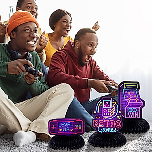 9 Pcs Neon Video Game Party Decorations Supplies Neon Video Game Honeycomb Table Centerpieces Cutouts for Video Game Birthday Baby Shower Theme Party Supplies