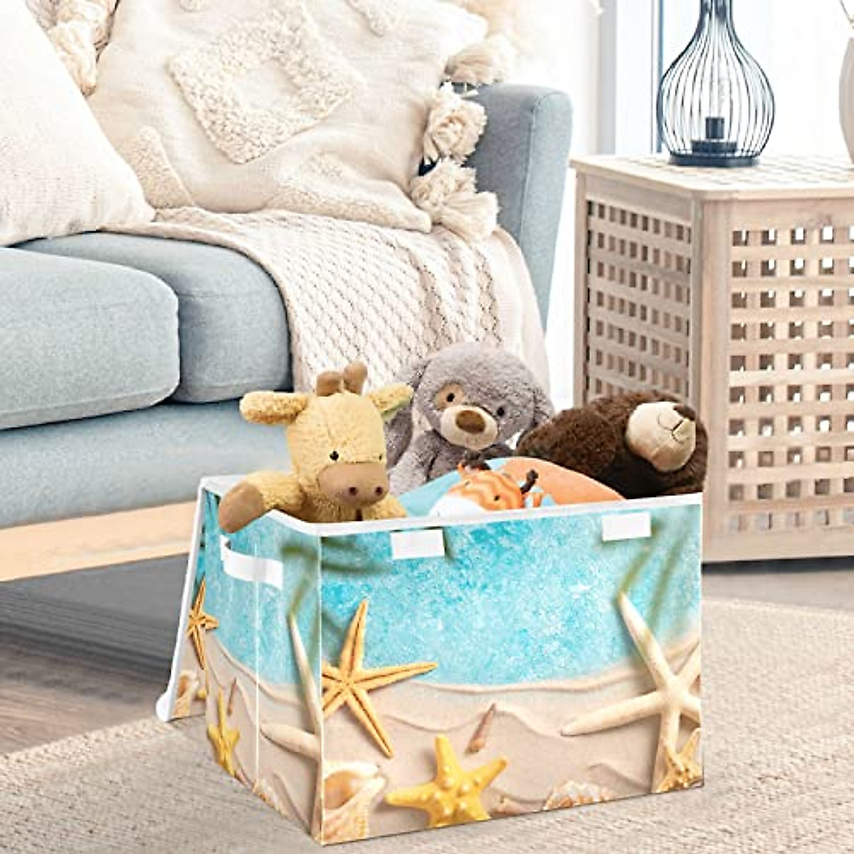 CaTaKu Palm Starfish Beach Storage Bins with Lids and Handles, Fabric Large Storage Container Cube Basket with Lid Decorative Storage Boxes for Organizing Clothes