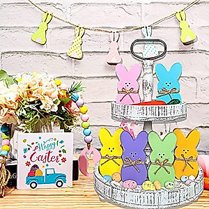 Easter Wooden Bunny Easter Decorations - Easter Wooden Table Centerpieces with Hemp Rope - 6PCS Easter Spring Peeps Tiered Tray Decor Rabbit Shape Tabletop Decoration for The Home Office Tables