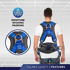 Palmer Safety Fall Protection Full Body 5 point Harness, Padded Back Support, Quick-Connect Buckle, Grommet Legs, Back&Side D-Rings, OSHA ANSI Industrial Roofing Tool Personal Equipment (Blue - MD)