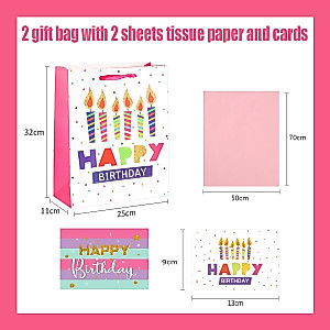 Dimetey 2 Pack 12.6" Large Gift Bag with Tissue Paper and Happy Birthday Card for Birthdays (Pink)