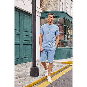 COOFANDY Men's 2 Pieces Linen Set Casual Henley Shirts Short Sleeve Beach Yoga Shorts Summer Pants Outfits