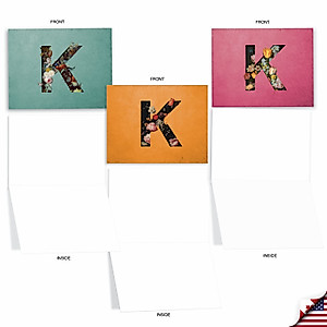 The Best Card Company - 10 Initial Letter “K” Assorted Blank Notecards Beautiful Flower Personal Stationary 4 x 5.12 Inch, Bulk Variety Pack for Thank You and Notes - Baroque Blooms K M3838OCB-B1x10