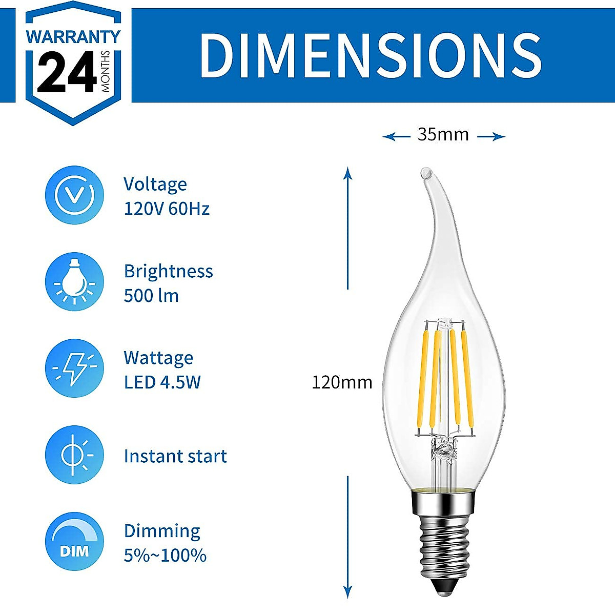 ANWIO Flame Tip LED Filament Bulb Candelabra E12 Base, Dimmable 4.5W (60W Equivalent) B11 Chandelier Candle Light Bulb, 2700K Warm White 6-Pack