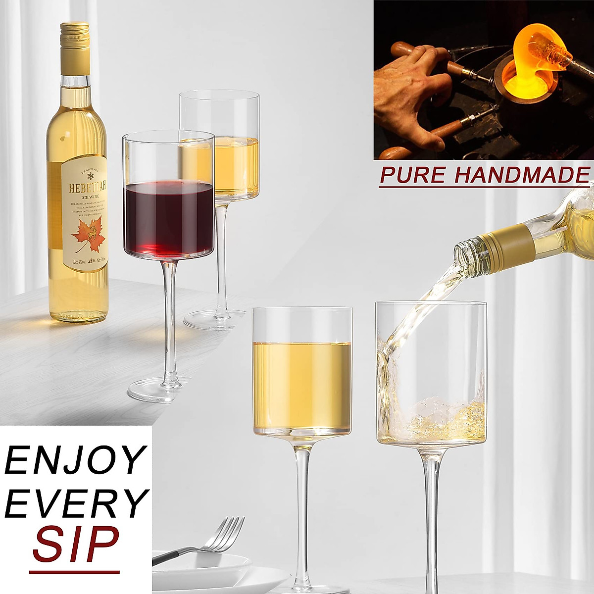 SWAVOKA Square Wine Glasses Set of 4 - Crystal Wine Glasses 16oz Elegant Long Stem Red & White Wine Goblets in Gift Packaging, Unique Modern Shape Gift for Women Men Wedding Anniversary Clear