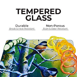 Rivers Edge Products Large 12in x 16in Decorative Tempered Glass Cutting Board, Hypoallergenic, Non Slip, Textured Surface Chopping Board for Kitchen, Cute Birds for Bird Watcher, Chickadee