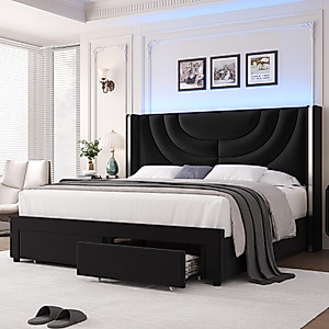 HITHOS Full Upholstered LED Bed Frame with 2 Storage Drawers, Velvet Platform Bed with Wingback Headboard, Solid Wooden Slats Support, No Box Spring Needed, Headboard Splicing Design, Black