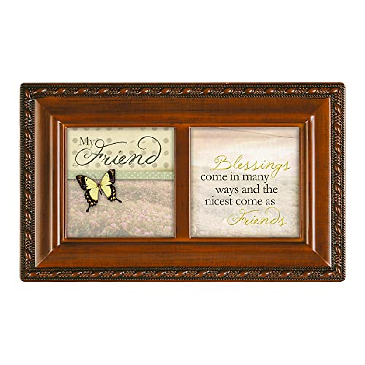 Cottage Garden My Friend Blessings Woodgrain Rope Trim Petite Music Box Plays That's What Friends are for