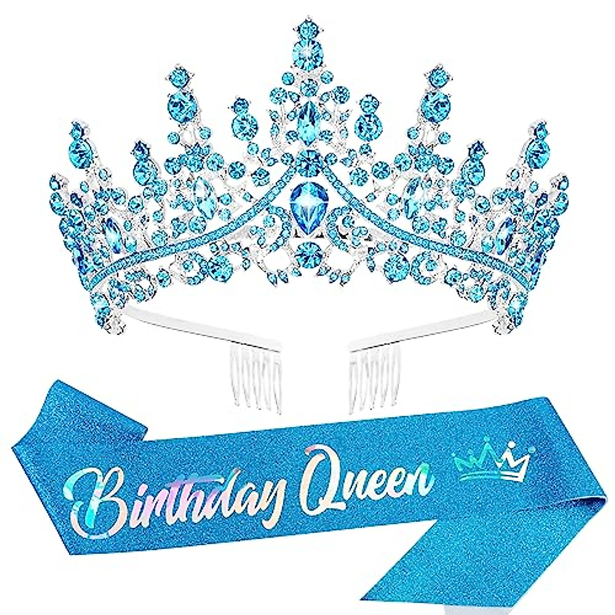 Velscrun Blue Crystal Birthday Queen Tiara Crown for Women Girls Birthday Queen Headband Sash Elegant Princess Crown with Combs Hair Accessories Happy Birthday Party Decorations Mom Birthday Gift