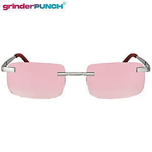 grinderPUNCH Small Slim 90's Popular Nineties Rectangular Sunglasses Clear Rimless Eyewear (Silver Frame - Pink)
