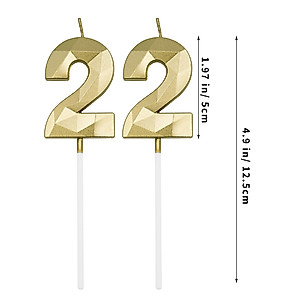 22nd Birthday Candles for Cake, Gold Number 22 3D Diamond Shaped Candle Birthday Decorations Party Supplies for Girls, Boys, Women or Men