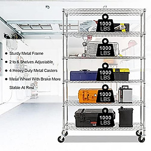 Storage Shelf, 6-Tier Wire Shelving Unit NSF Certified Storage Rack 18" D x 48" W x 78" H 6000Lbs Capacity Adjustable Layer Heavy Duty Metal Rack Steel with Casters for Kitchen Garage Pantry Chrome