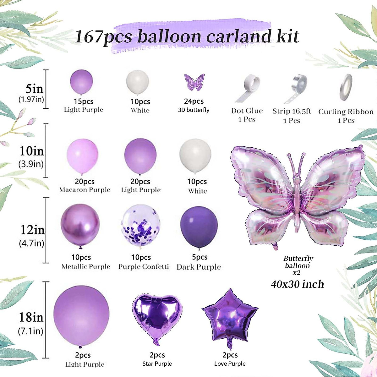 purple butterfly balloon arch kit, 167 Pieces Purple Butterfly Baby Shower Decorations, lavender balloon arch kit for Mother's Day Valentine's Day Birthday Wedding Party Decoration.
