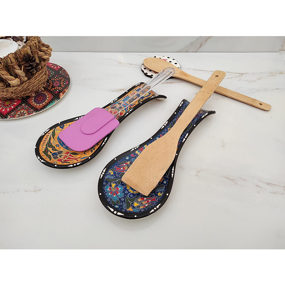 Ayennur Turkish Ceramic Spoon Rest for Stove Top Set of 2-Spoon Holder for Countertop,Kitchen Decor for Counter-Handmade Dishwasher Safe
