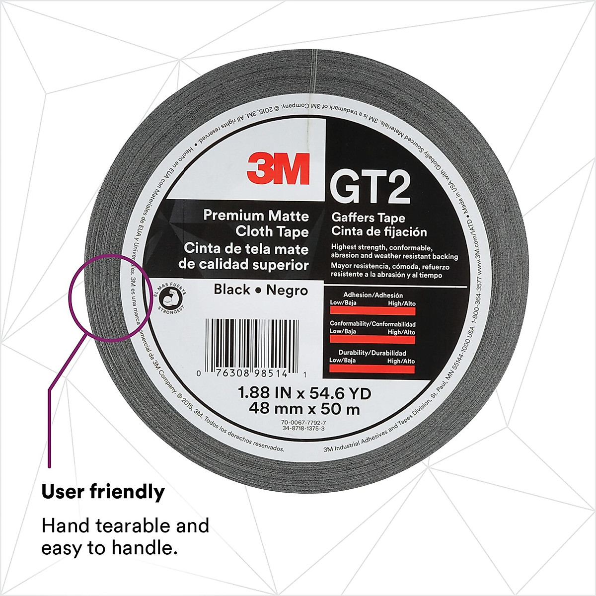 3M Premium Matte Cloth (Gaffers) Tape GT2, High-Strength, Indoor/Outdoor Use, Black, 48 mm x 50 m, 11 mil, 1 Roll, 98514