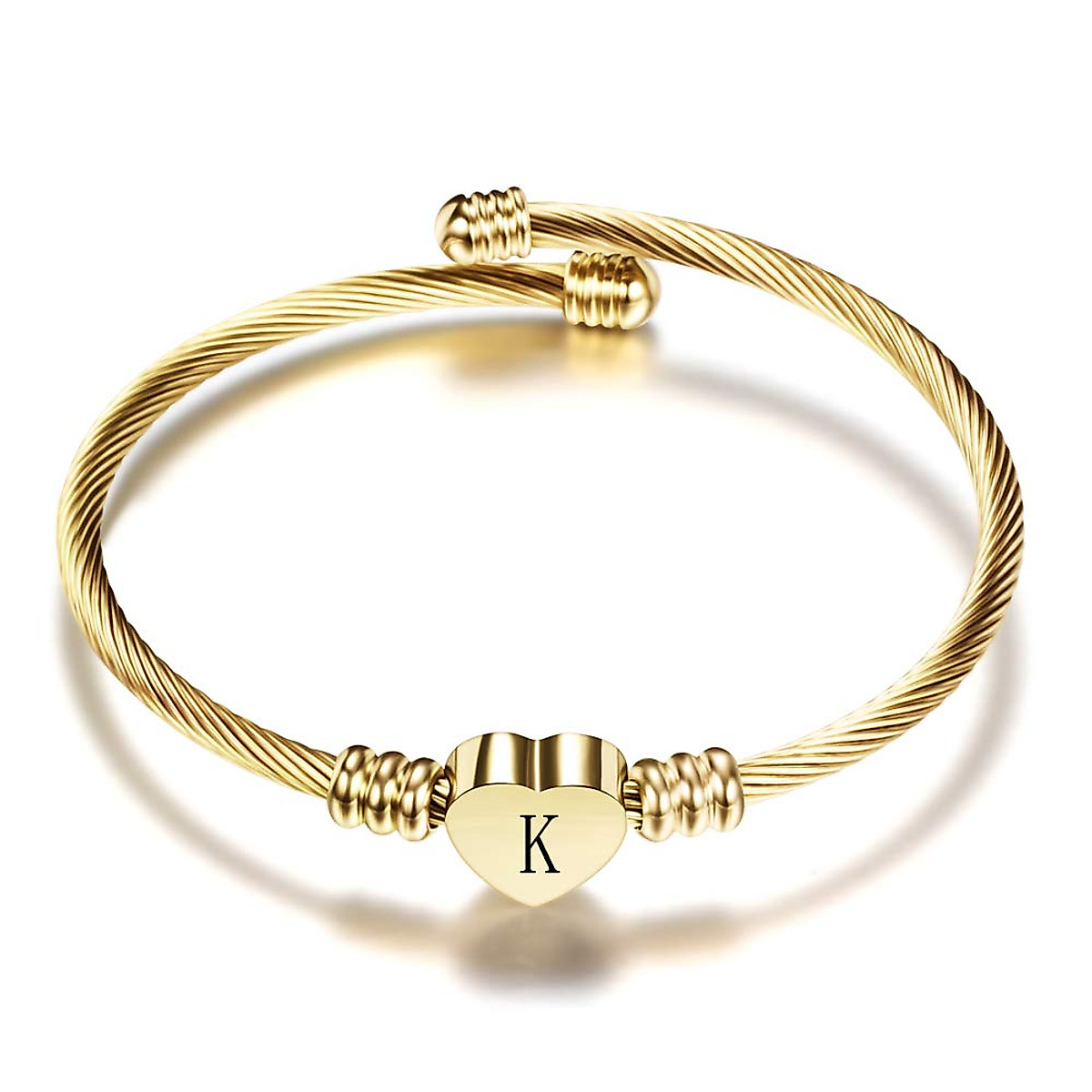 VQYSKO Rose Golden Heart Initials Bracelet-A-Z Stainless Steel Engraved Charm Bracelet, Woman Jewelry Birthday Festival Gift(Golden K)