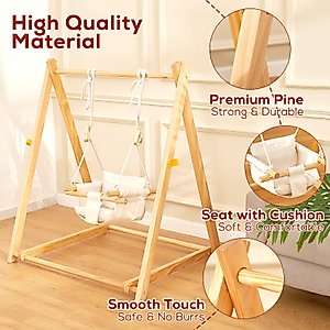 FUNLIO Wooden Toddler Swing Stand with 4 Sandbags, Foldable Baby Swing Stand with Durable Pine & Velcro for Toddlers 6-36 Months, Kids Swing Frame with Maximum Bearing 50lbs, Easy to Assemble & Store