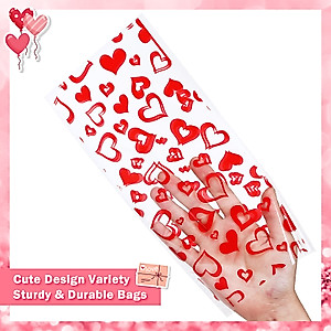 Kesoto 100 Pieces Red Valentines Day Cellophane Treat Bags for Kids, Clear Heart Goodie Candy Snack Bags Bulk with Twist Ties for Valentines Party Favor Supplies