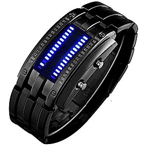 FANMIS Creative Binary Matrix Blue LED Digital Waterproof Watch Mens Classic Creative Fashion Black Plated Wrist Watches (Black)