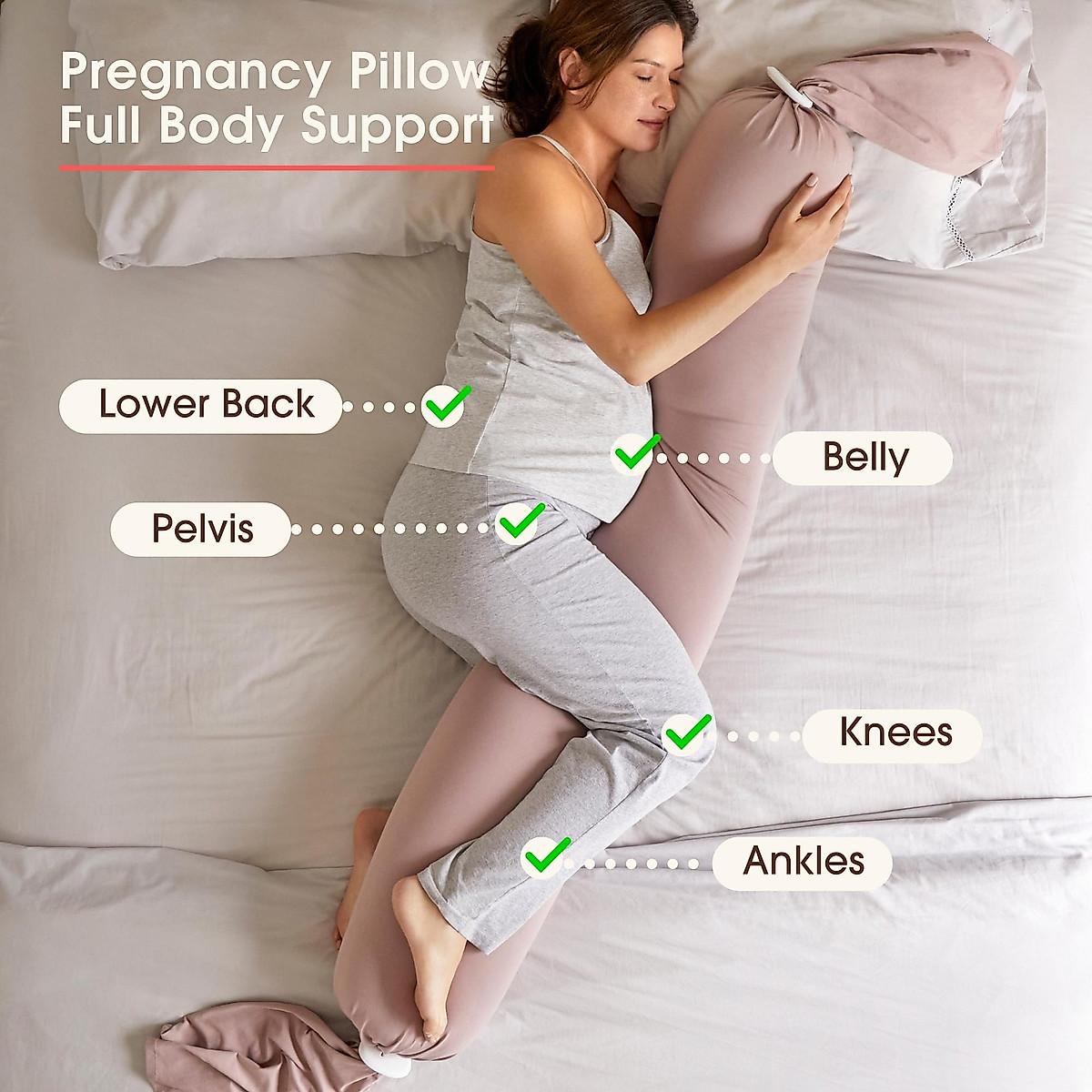 bbhugme Adjustable Pregnancy Pillow – Full Body Support for Side Sleeping - Adjustable Firmness and Shape - Supports Back, Legs, Belly, HIPS for Pregnant Women - Removable Cover - Dusty Pink