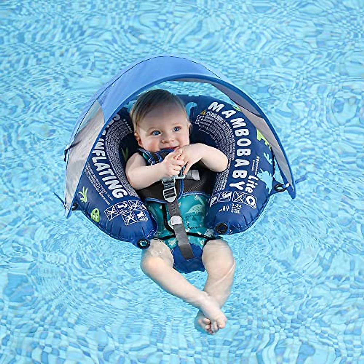 Mambobaby Newest Compressible Folding Baby Self-Inflating Float with Sun Canopy – Blue