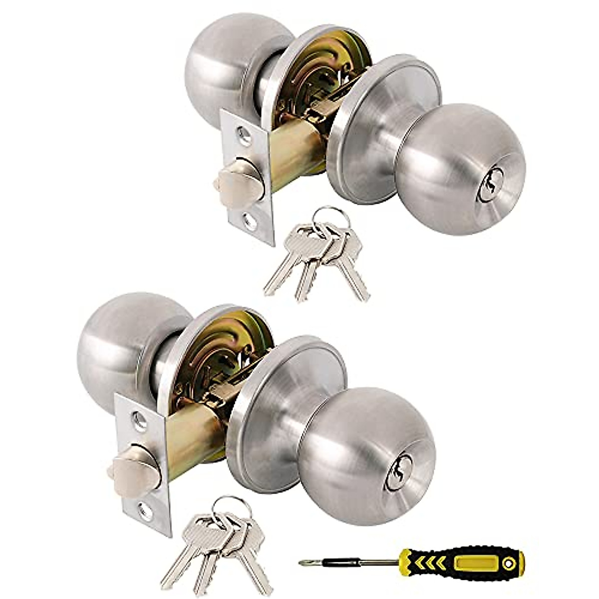 Lanwandeng (2 Pack) Entry Door Knob with Lock and Keys, Exterior/Interior Door Locks with Screwdriver for Bedroom or Bathroom,Satin Nickel Door knobs