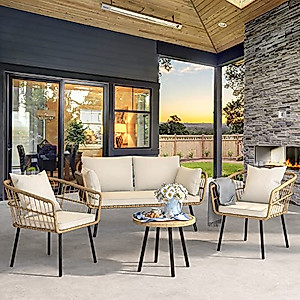 YITAHOME 4 Pieces Patio Furniture Set, Wicker Balcony Bistro Set, Outdoor All-Weather Rattan Conversation Set with Loveseat Chairs Table Soft Cushions for Backyard, Pool, Deck, Garden - Beige