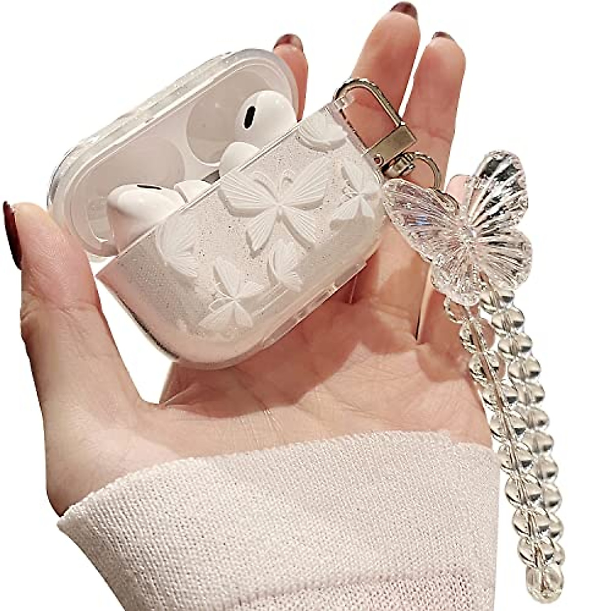 MINSCOSE Cute Airpod pro Clear Case with Keychain, Bling Glitter Butterfly Pattern Design Soft Silicone Smooth Shockproof Charging Case for Girls Women