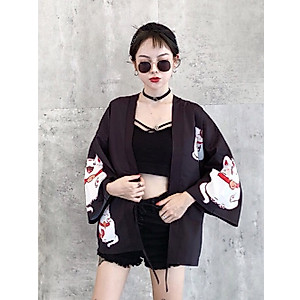 LAI MENG FIVE CATS Women's Lucky Cat Cardigan Kimono Loose Cover up Casual Blouse Cute Tops