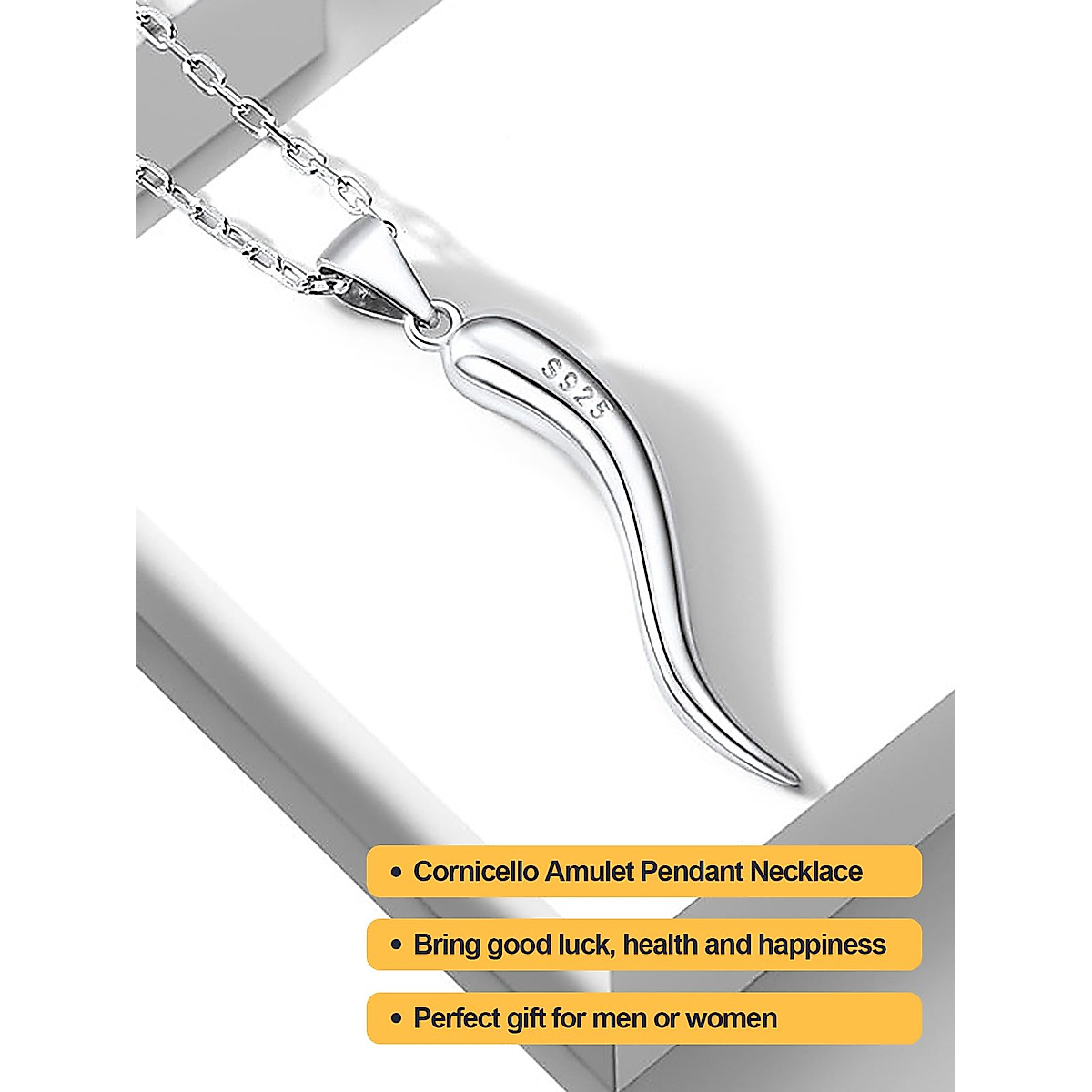 U7 Italian Horn Pendant for Car Sterling Silver Lucky Pepper Pendant Cornicelli Necklace 18 Inch