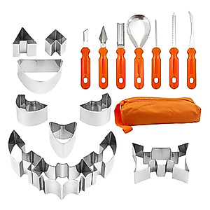 17PCS Halloween Pumpkin Carving Kit, 7PCS Heavy Duty Stainless Steel Carving Tools with 10PCS Pumpkin Carving Stencils, DIY Halloween Decoration Jack O Lantern Professional Pumpkin Carving for Adults