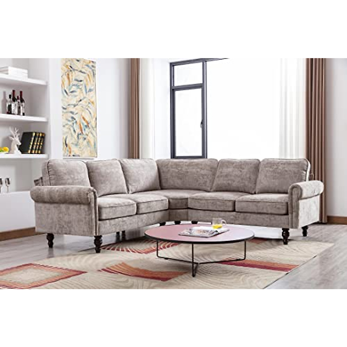 ClassHouze Sectional Sofa Couches for Living Room with Scroll Arms, Modern Chenille Fabric L Shaped Couch Sectional Couch with Gourd Shaped Solid Wood Legs, Grey