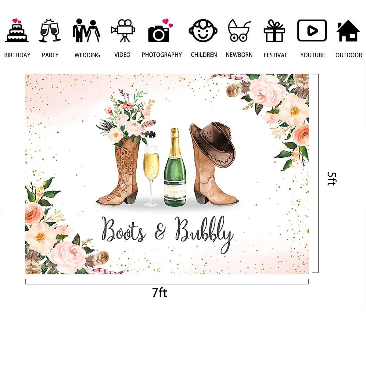 Lofaris Boots and Bubbly Bridal Shower Backdrop Western Country Wedding Background Champagne Bride to Be Engagement Party Decor Cake Table Banner 7x5ft