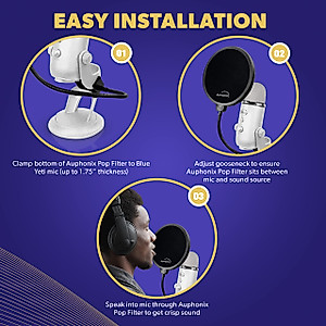 Auphonix Pop Filter Screen for Microphones - Gooseneck Clamps Compatible with Blue Yeti Microphone - Great Gift